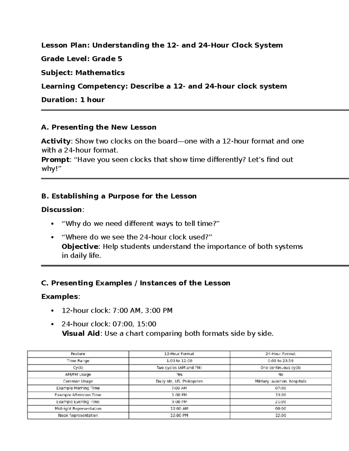 Lesson Plan: Understanding the Clock System (Grade 5 Math) - Studocu