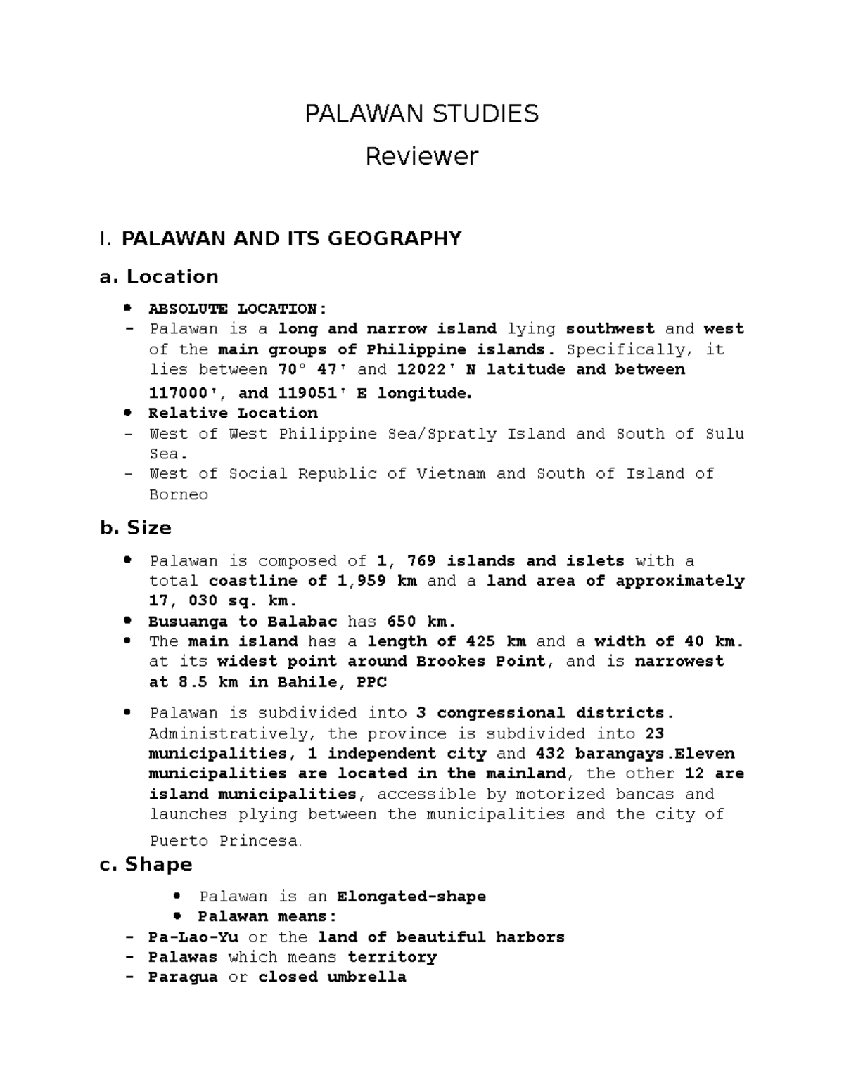 Palawan Studies (PST101): Comprehensive Geography and History Reviewer ...
