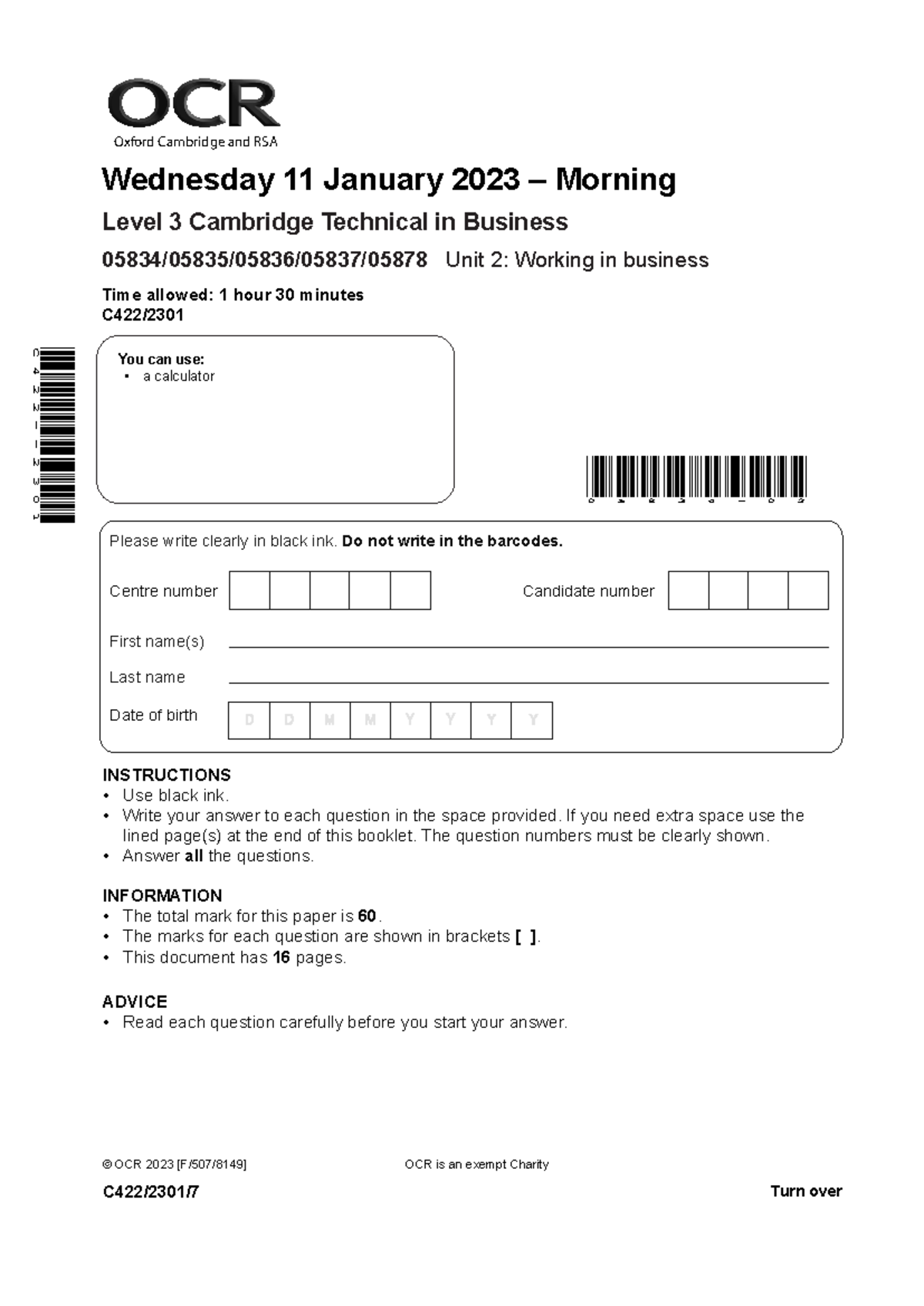 699853 Level 3 Business Unit 2 Exam Paper - Working in Business Jan ...