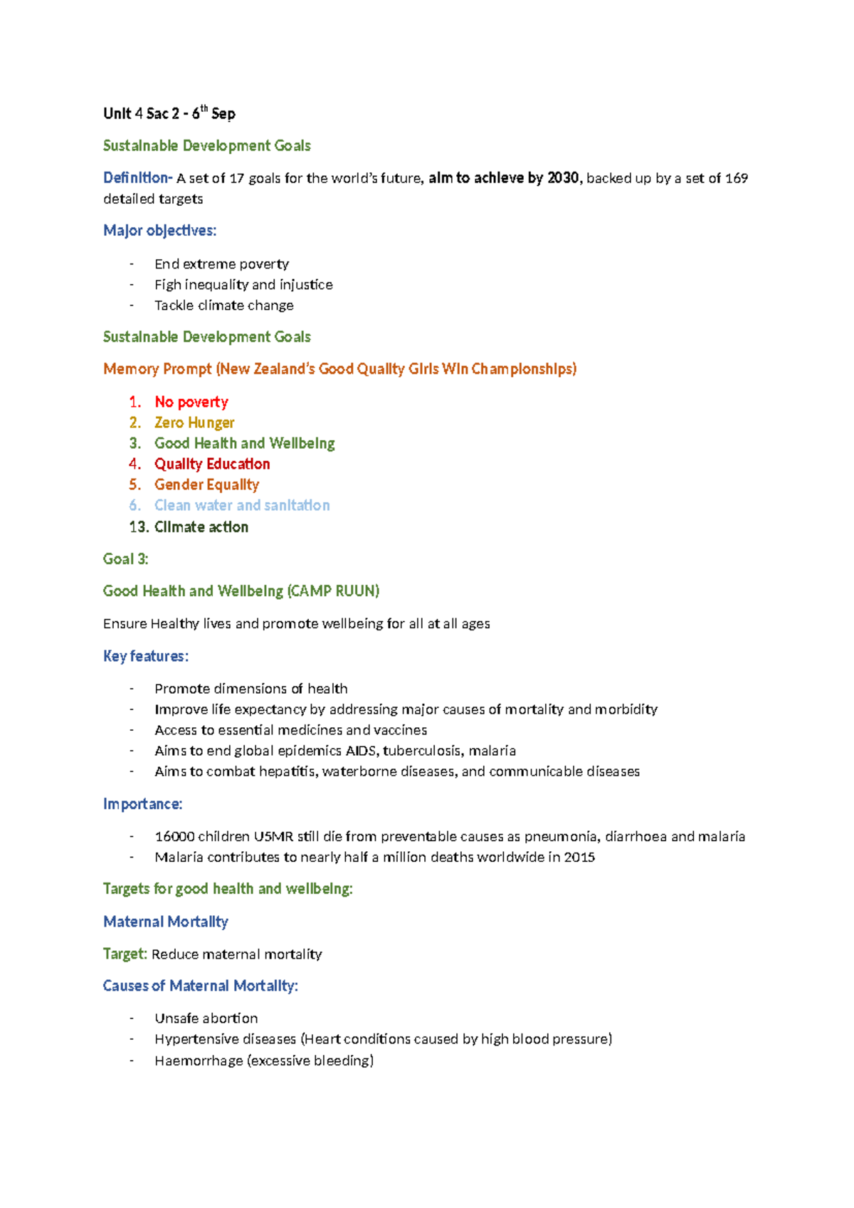 Unit 4 SAC 2: Sustainable Development Goals & Health Initiatives Notes ...