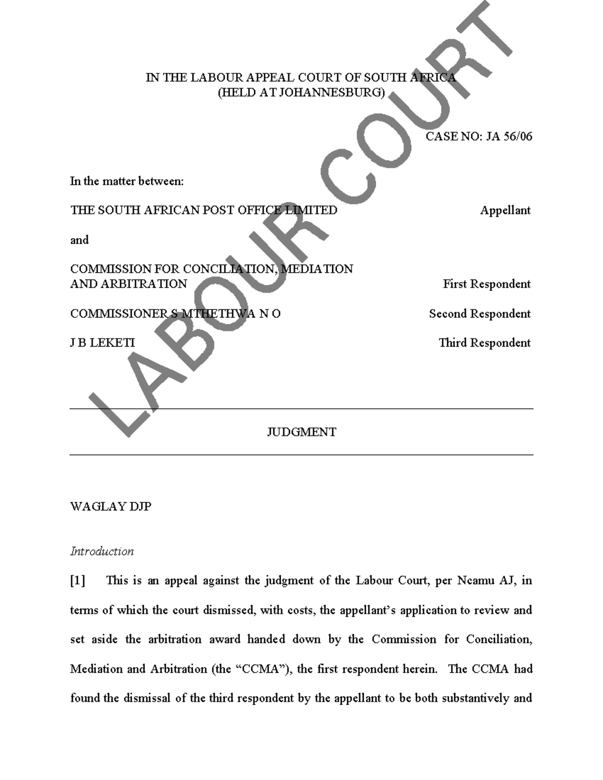 Labour Appeal Court Judgment: SA Post Office Ltd v CCMA (Case No: JA ...