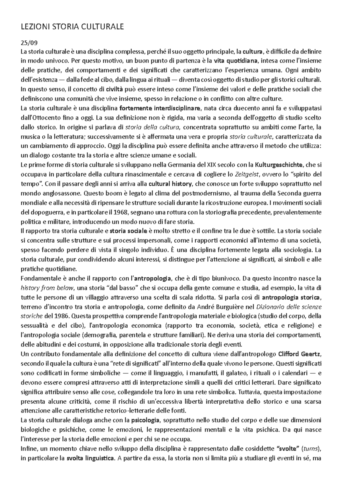 STORIA CULTURALE: APPUNTI E RIFLESSIONI SULLA DISCIPLINA - Studocu