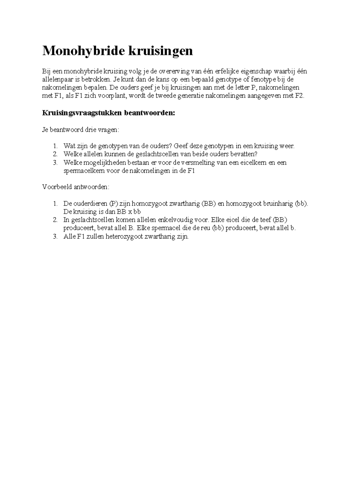 Monohybride Kruisingen: Genotype en Fenotype Analyse (Biologie ...