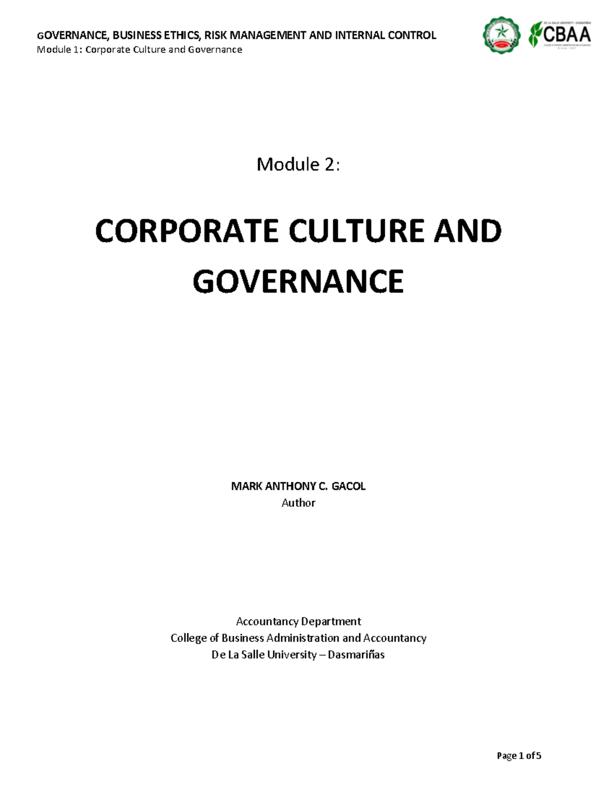BA 101: Governance and Corporate Culture Overview Module 1 - Studocu