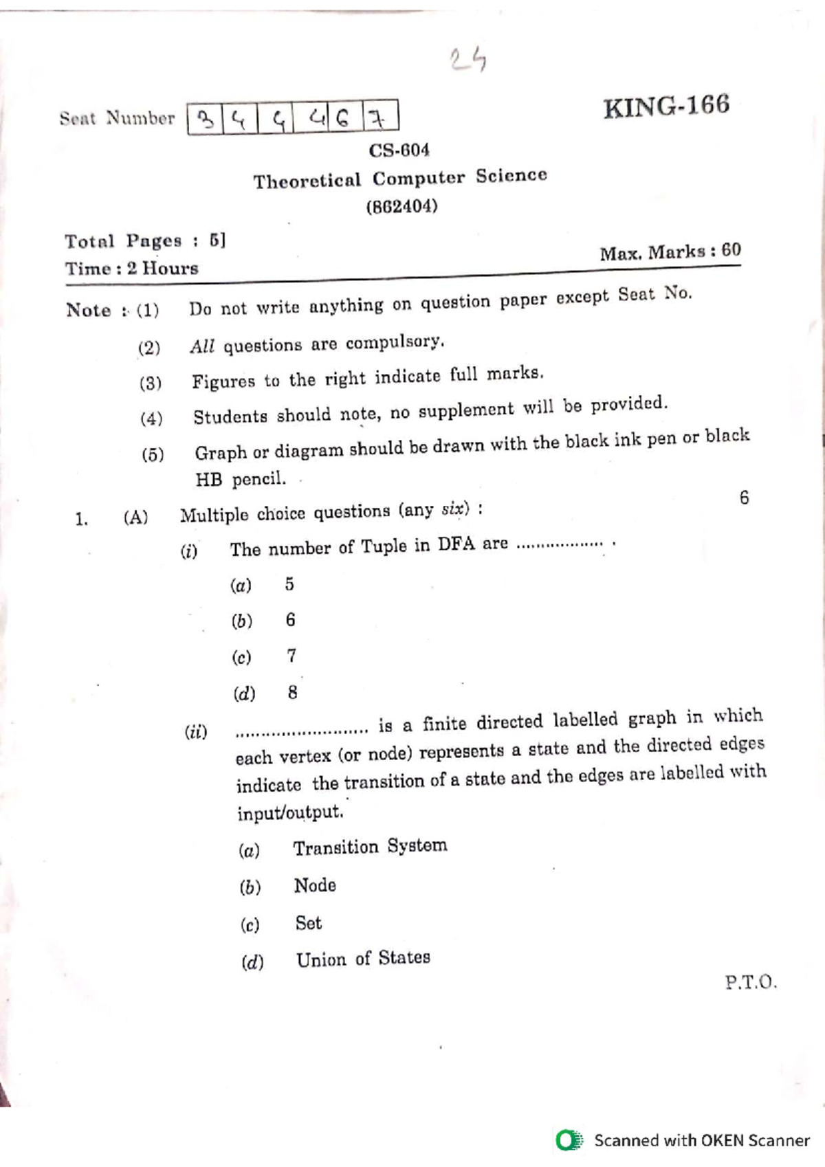 Theoretical Computer Science (862404) Exam Instructions and Questions ...