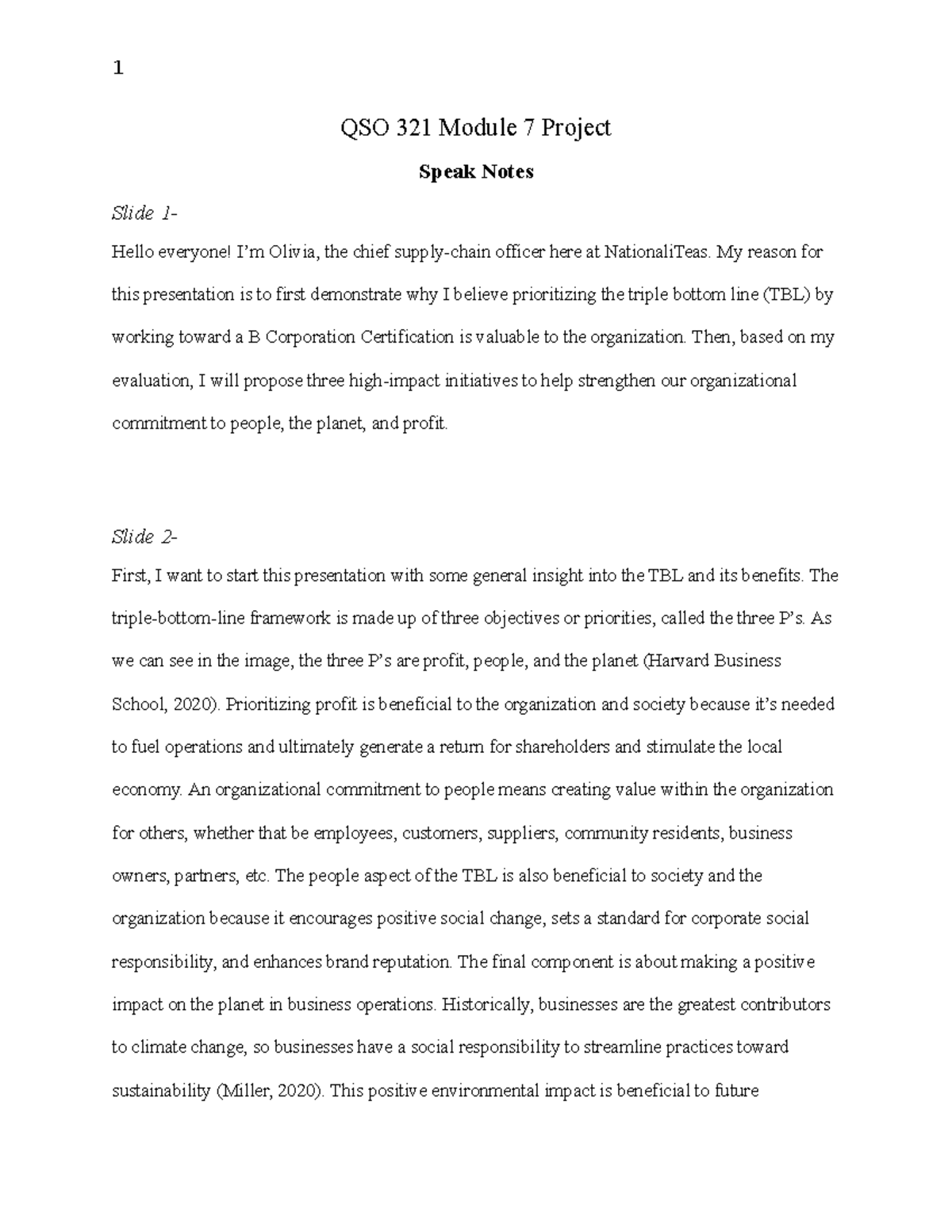 QSO 321 Module 7 Project: TBL Framework and Initiatives for ...
