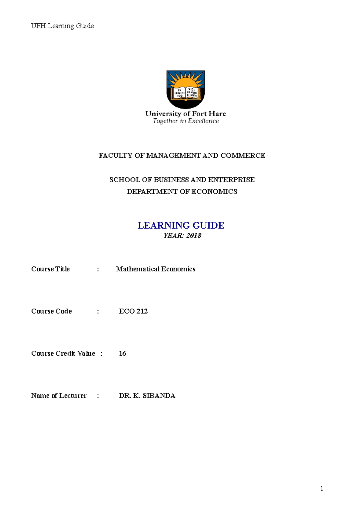 ECO 212 Learning Guide 2018: Mathematical Economics Overview - Studocu