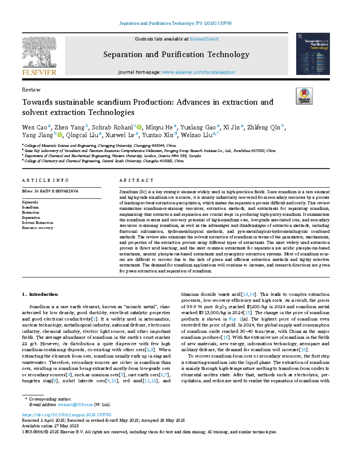 Review on Sustainable Scandium Production: Advances in Extraction Tech ...