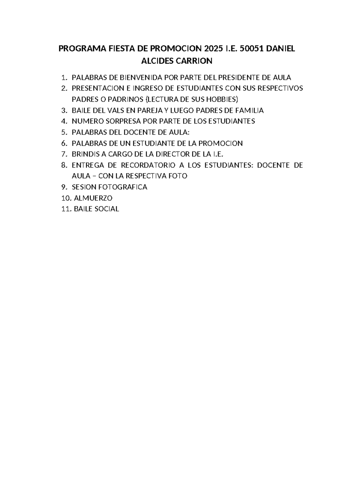 Programa Fiesta de Promoción 2025 - I.E. 50051 Daniel Alcides Carrion ...