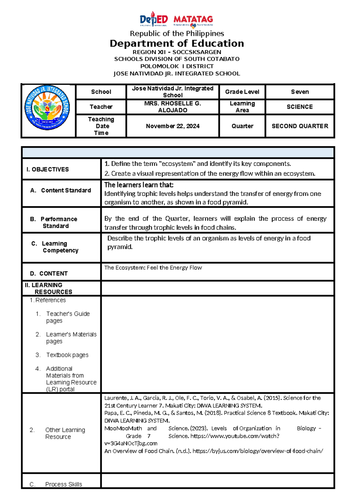 COT DLP Final - Lesson Plan on Ecosystems & Energy Flow for 7th Grade ...