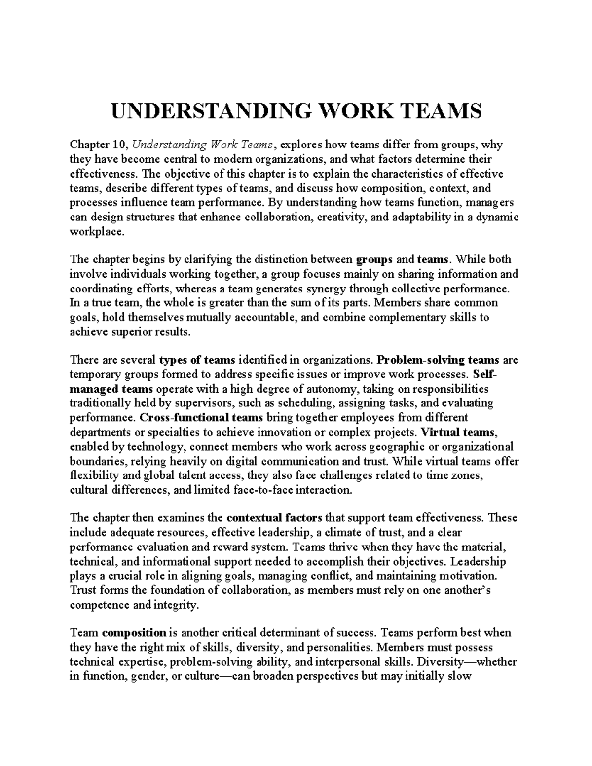 Chapter 10: Understanding Work Teams in Organizational Behavior - Studocu