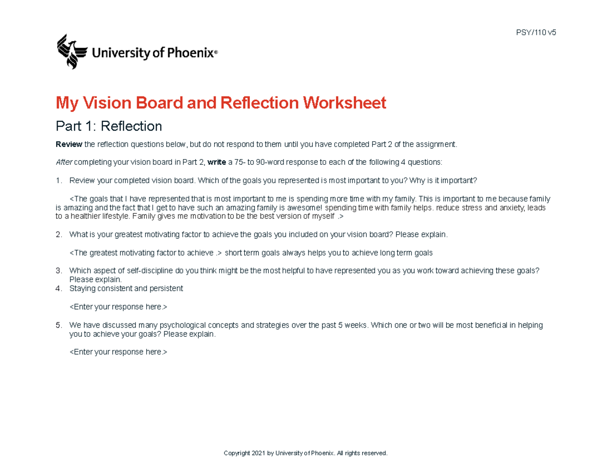 PSY/110 v5 Week 5 Vision Board & Reflection Worksheet Guide - Studocu