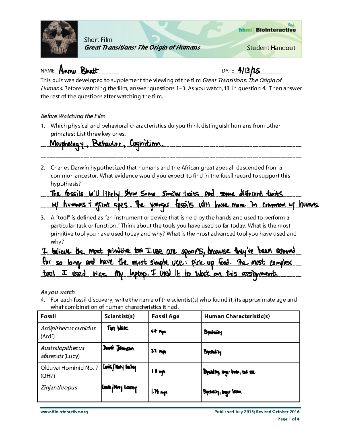 Quiz IDG 101: Great transitions in human evolution student handout ...