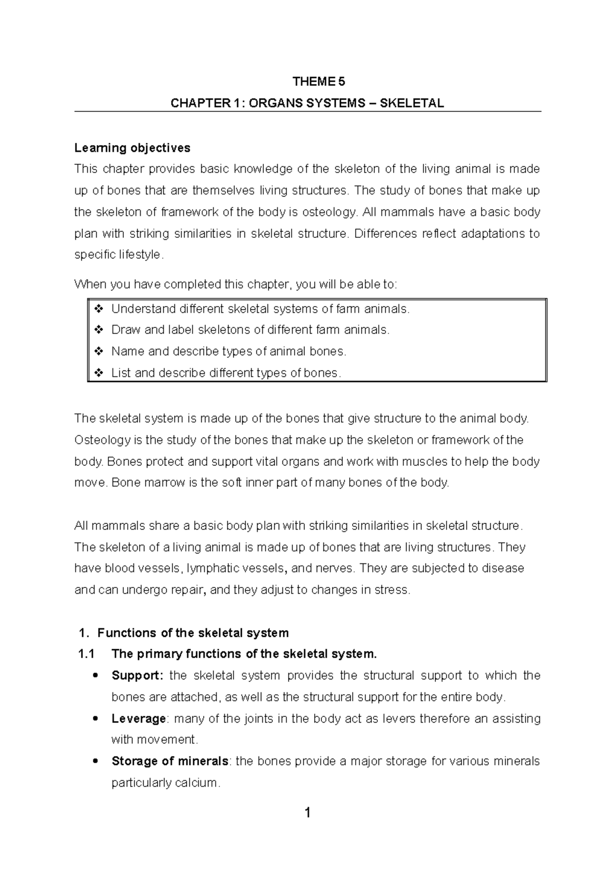 Skeletal System Overview: Theme 5 Chapter 1 Notes - Studocu