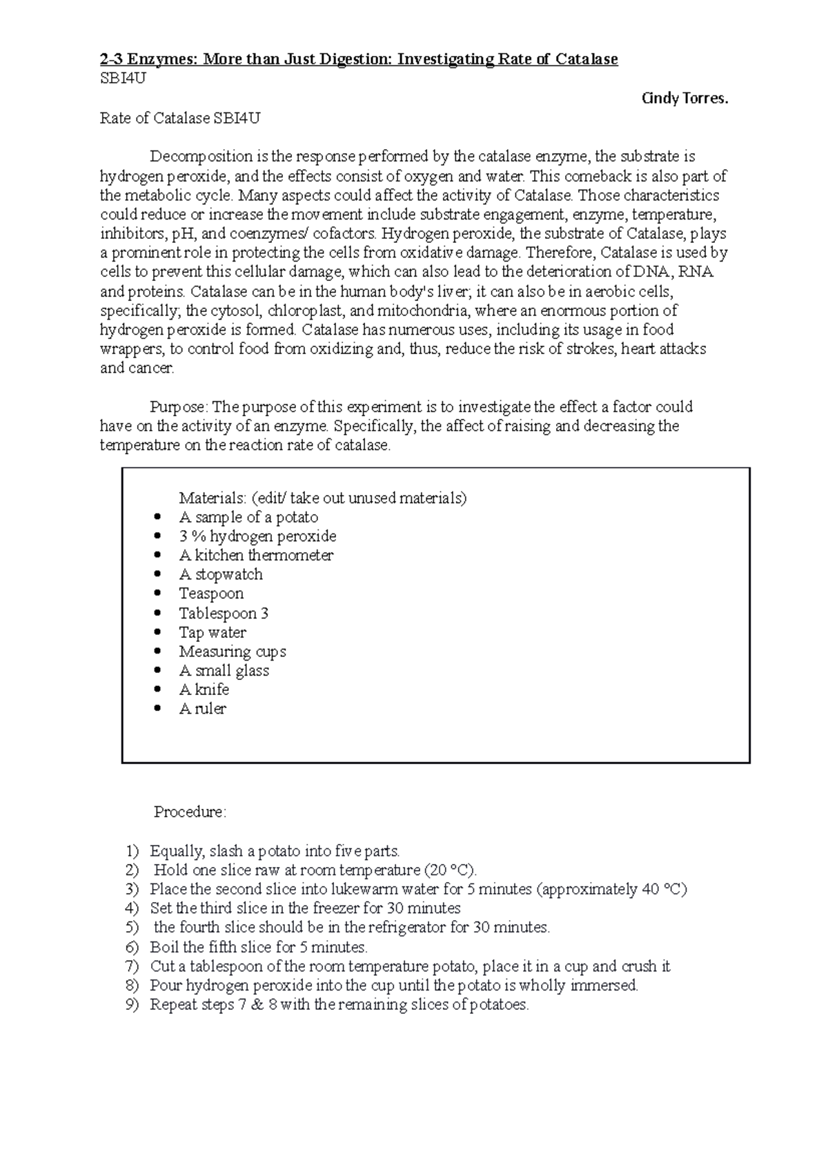 SBI4U Final Exam: Investigating Temperature Effects on Catalase ...