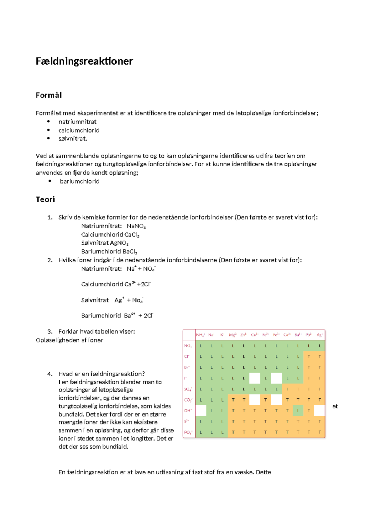 Fældningsreaktioner: Identifikation af ionforbindelser og bundfald ...