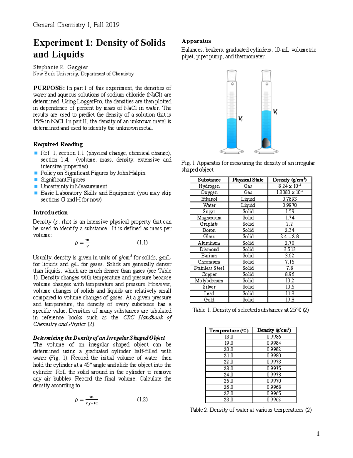Experiment 1 Density - It's the lab assignment - Experiment 1: Density ...
