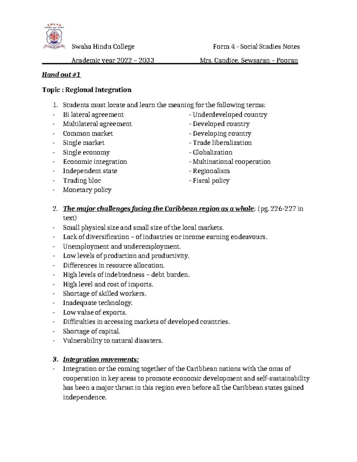 Swaha Hindu College Form 4 Social Studies Notes: Regional Integration ...
