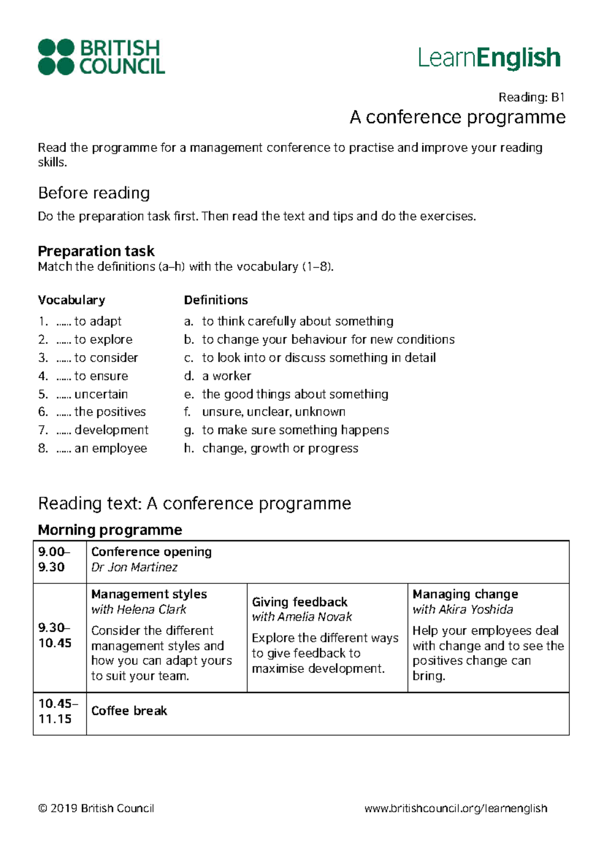 Exercise - Learn English Reading B1: Conference Programme - Studocu