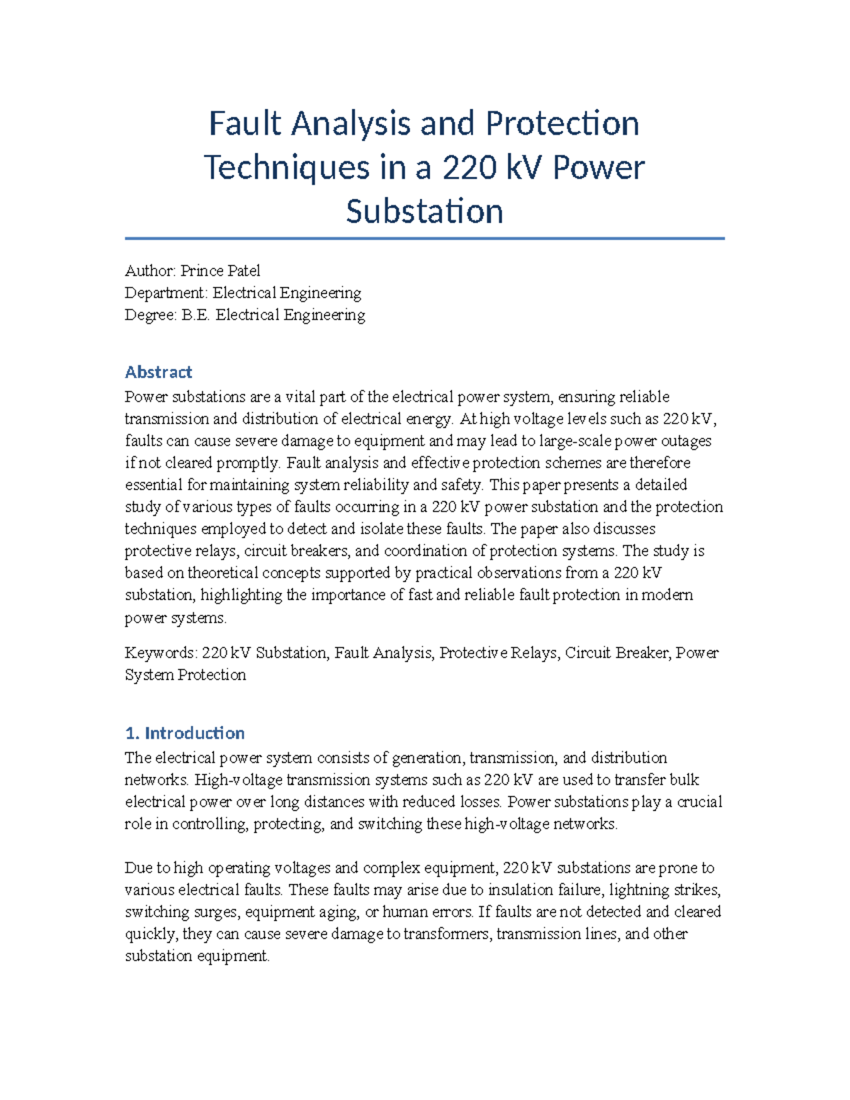 Fault Analysis and Protection Techniques for 220 kV Substations - Studocu