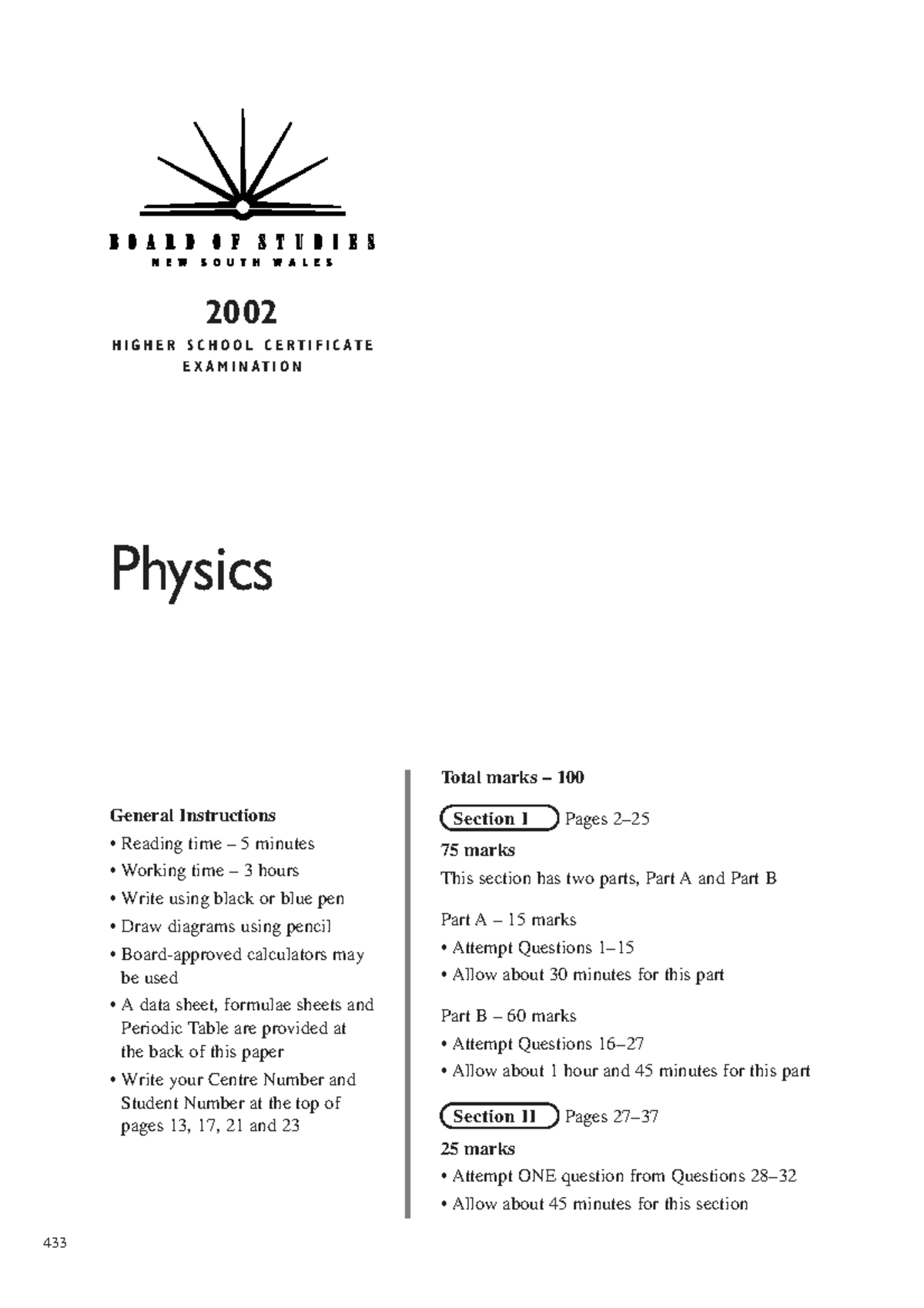 Physics 2002 HSC Exam - Complete Guide and Instructions - Studocu