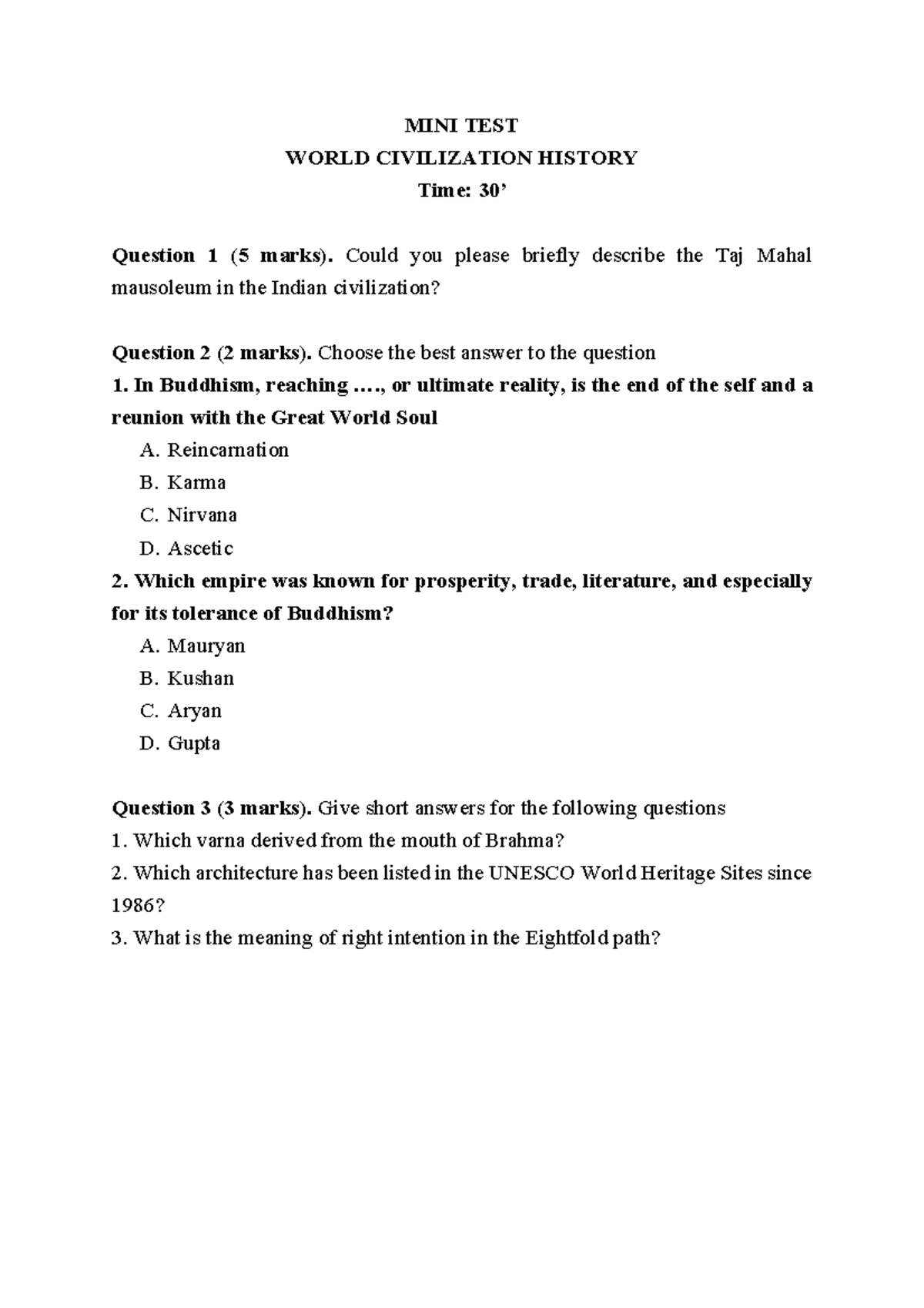 Mini Test TCTT63A - World Civilization History Exam Questions - Studocu