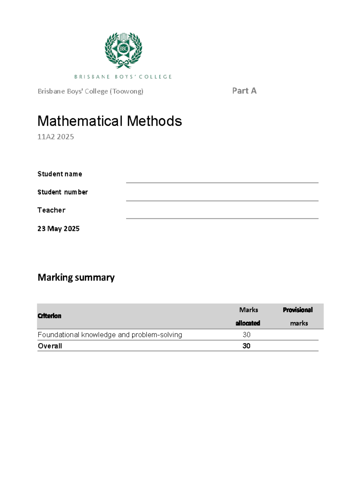Mathematical Methods Exam 11A2 - Brisbane Boys' College - Studocu