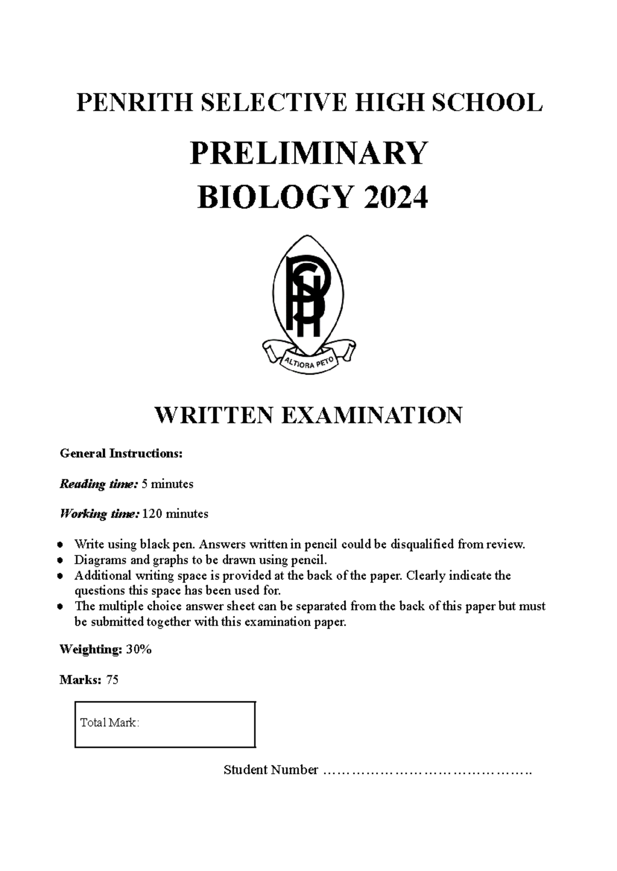 PENRITH SELECTIVE HIGH SCHOOL BIOLOGY 2024 PRELIMINARY EXAMINATION ...