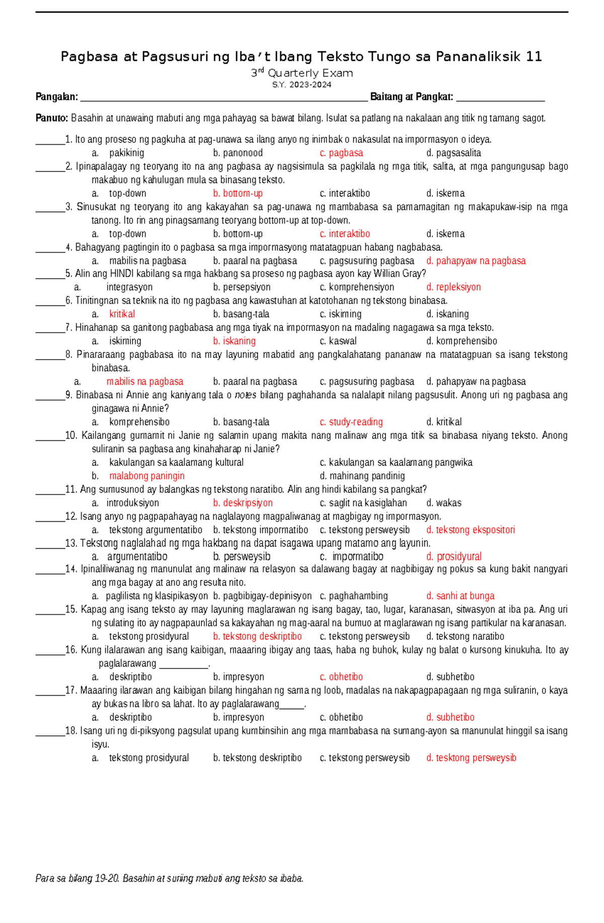 3RD Quarter EXAM Print - notes - Pagbasa at Pagsusuri ng Iba’t Ibang ...