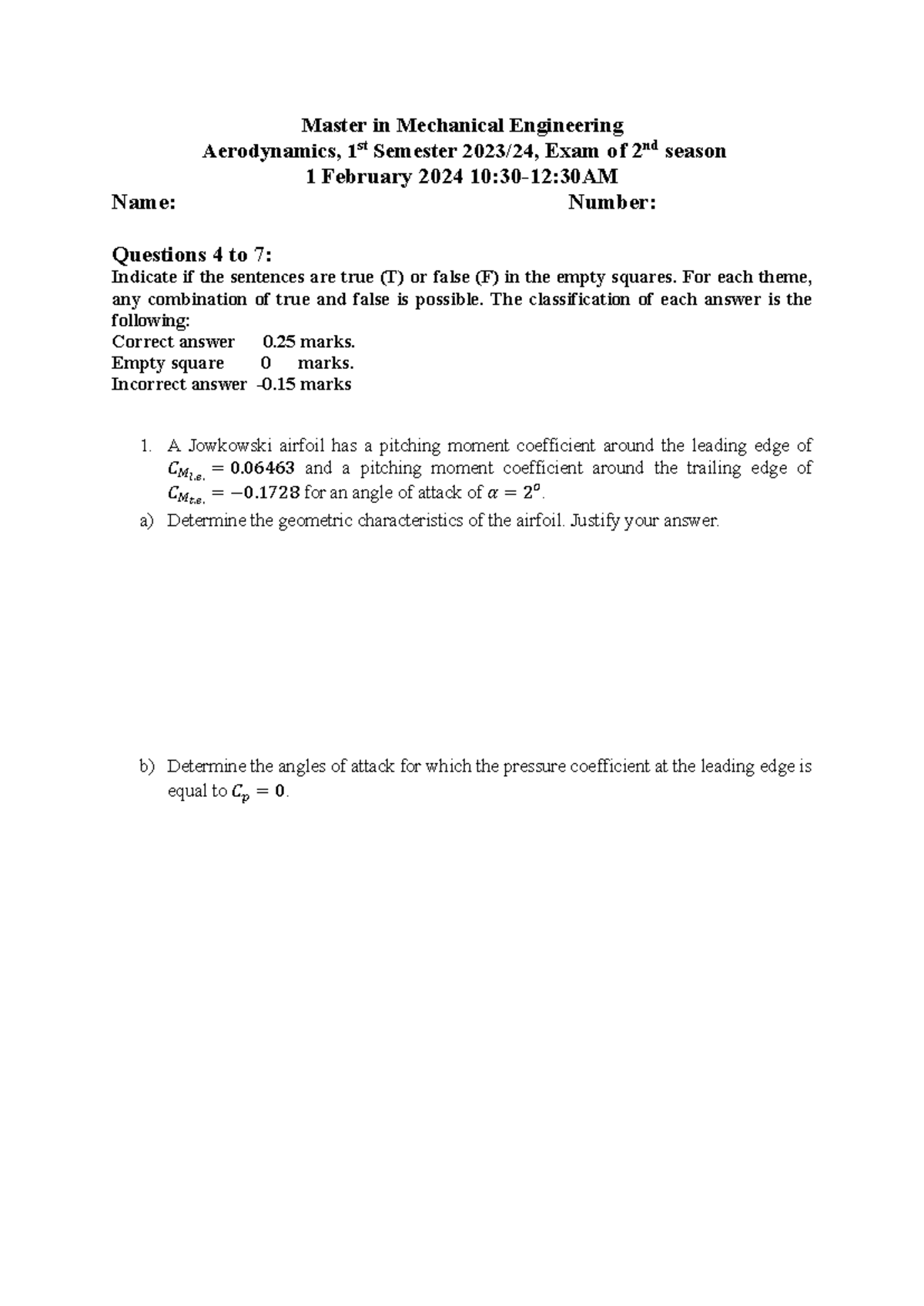 Master in Mechanical Engineering: Aerodynamics 1st Sem Exam 2024 - Studocu
