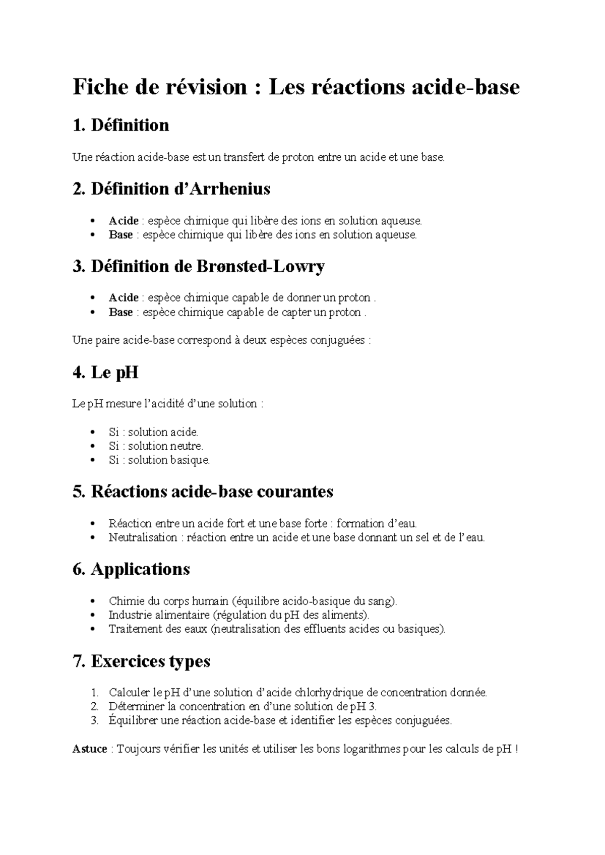 Fiche de révision : Réactions acide-base en Chimie 101 - Studocu