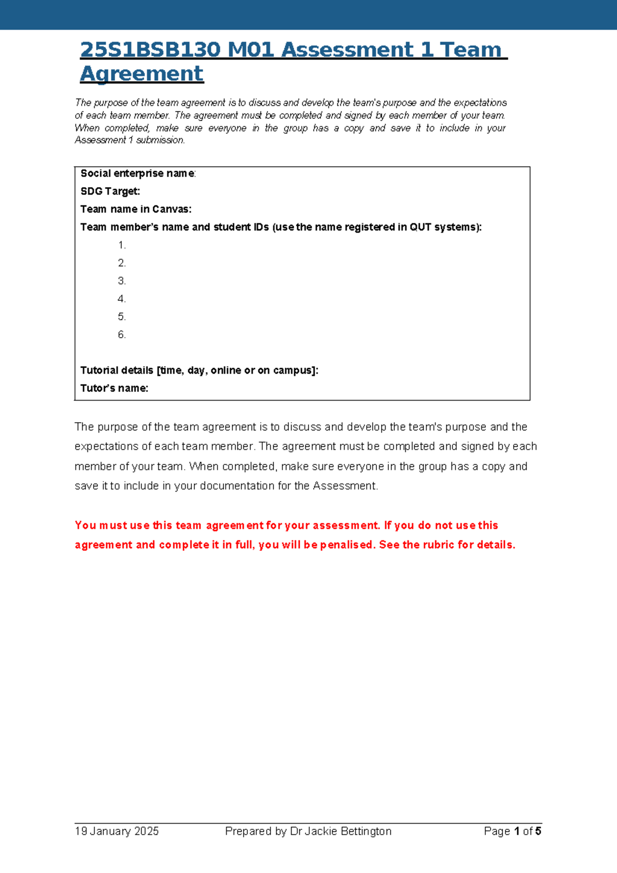 25S1 BSB130 M01 Team Agreement Template - Agreement The purpose of the ...