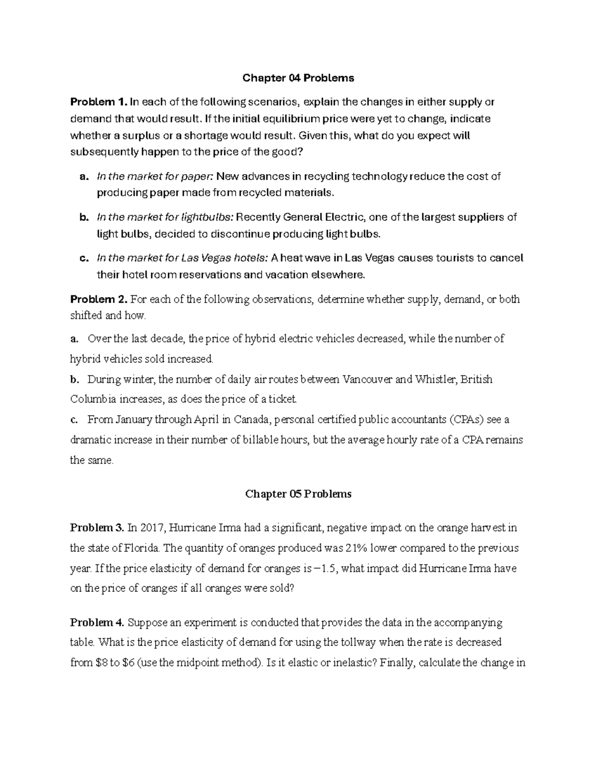 Tutorial 4: Chapter 04 & 05 Problems on Supply and Demand Analysis - Studocu