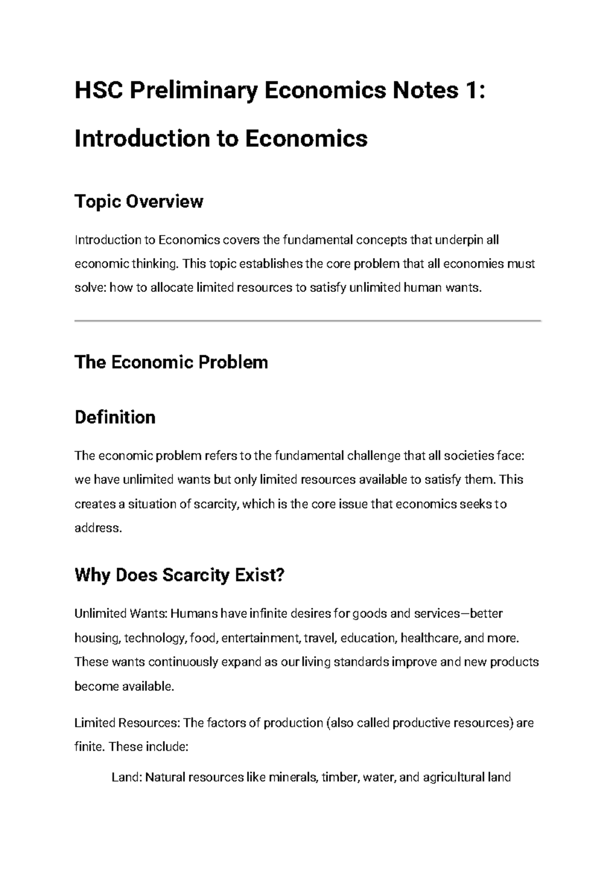HSC Preliminary Economics Notes 1: Intro to Economic Concepts - Studocu
