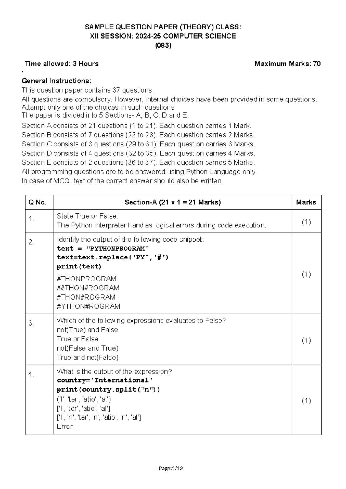 Computer Science-SQP (083) Class XII Theory Sample Question Paper 2024-25 - Studocu
