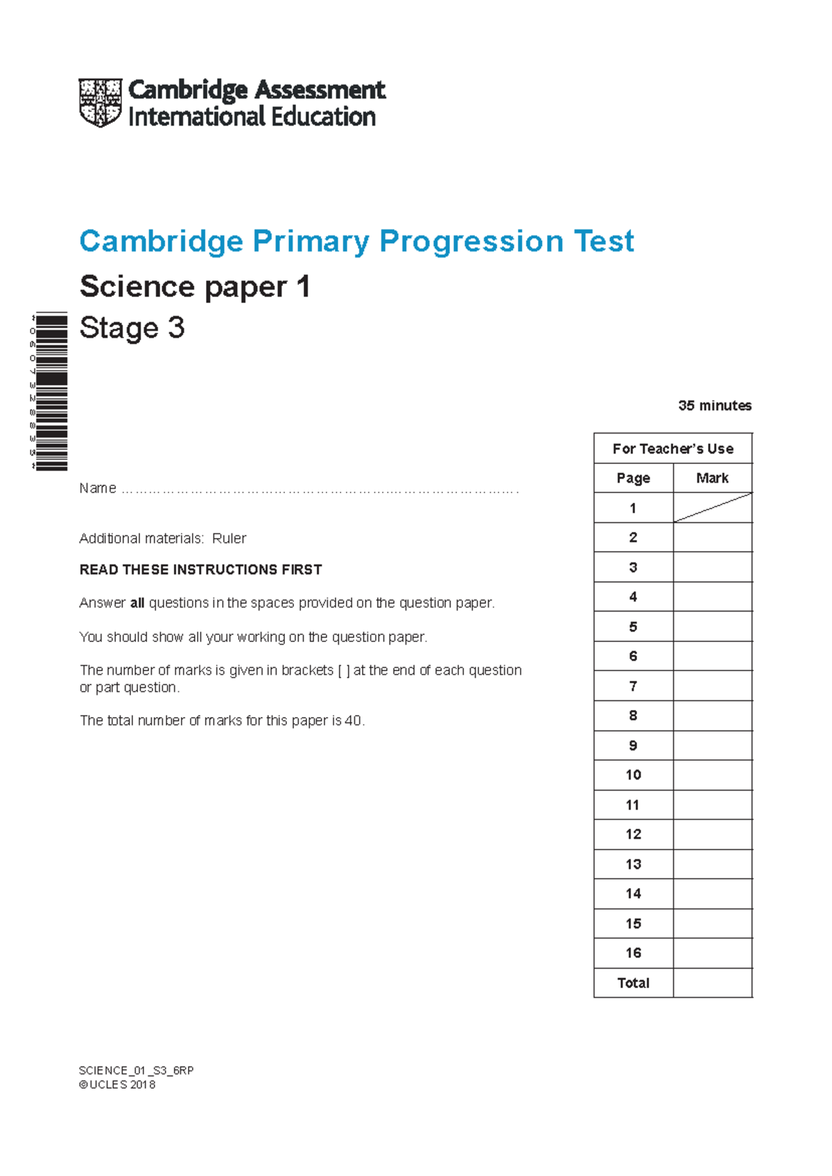 Cambridge Primary Progression Test - Science Paper 1 Stage 3 2018 - Studocu