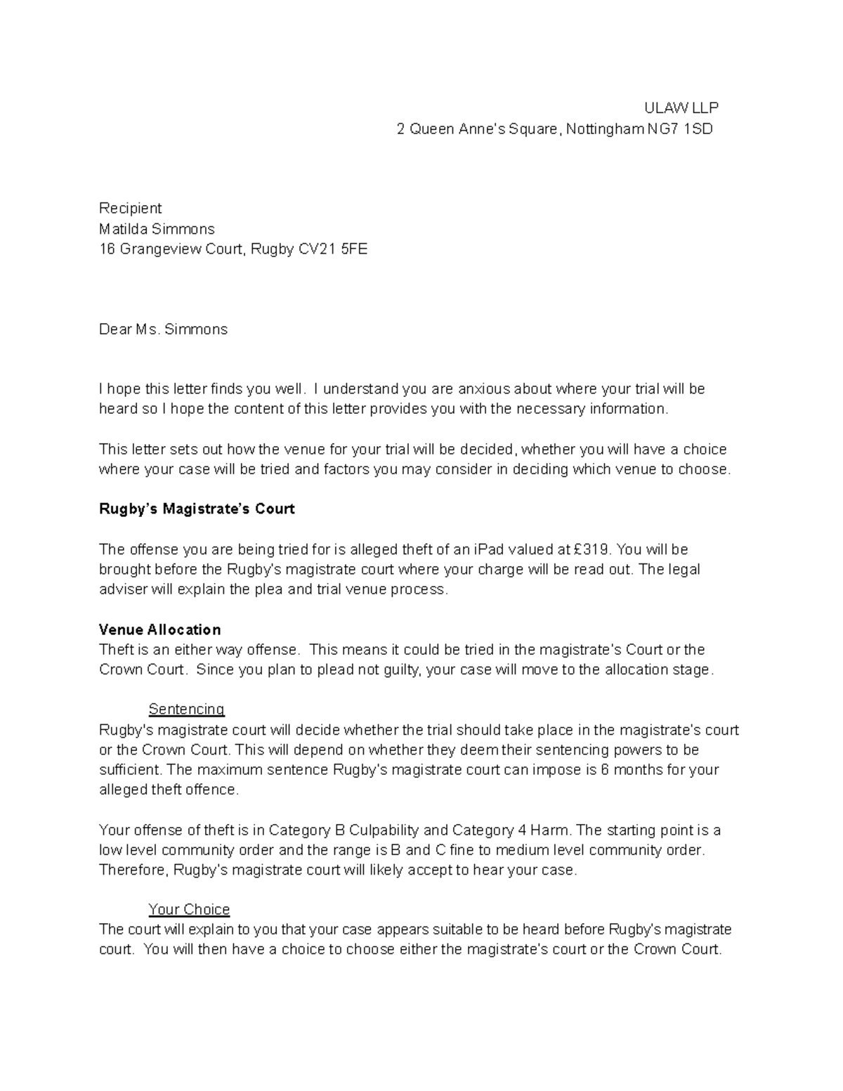 ULAW 101: Legal Writing Mock - Venue Decision Letter Guidelines - Studocu