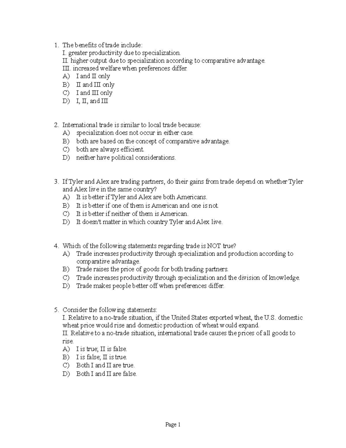 Economics: Chapter 9 - Int'l Trade MCQ Study Guide - Studeersnel