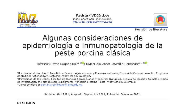 Revisión de Epidemiología e Inmunopatología del Cólera Porcino - Rev ...