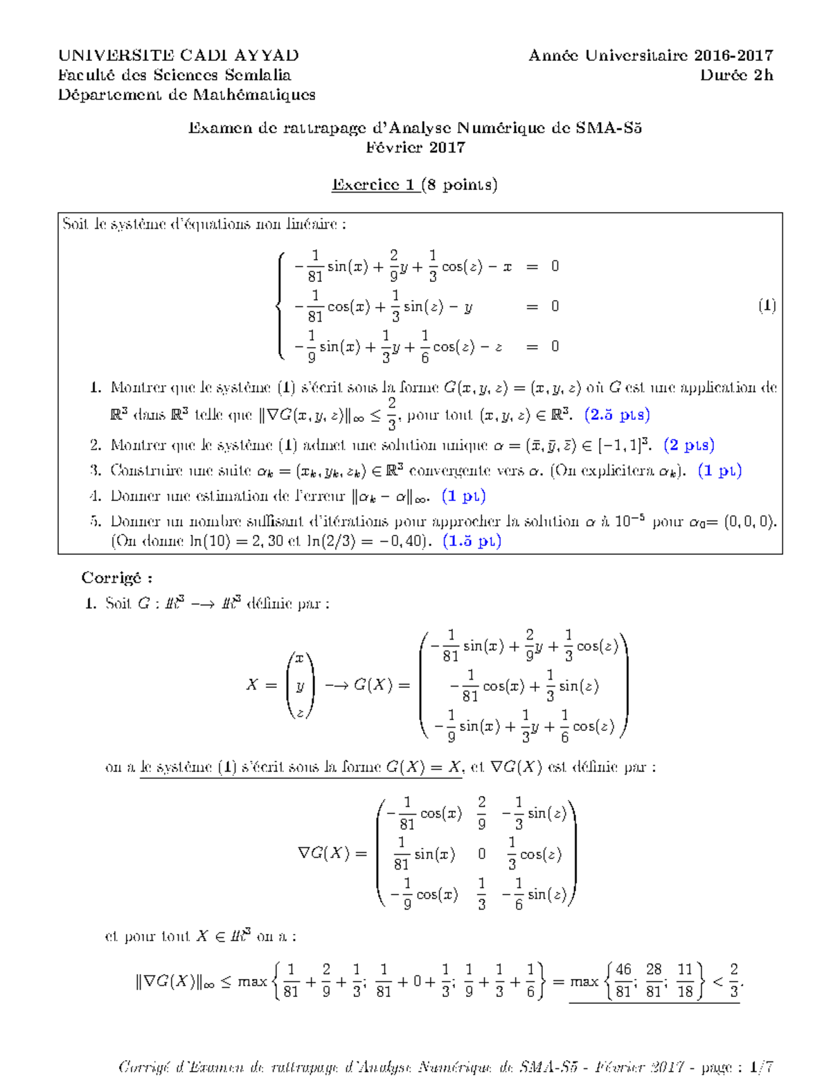 Ratt Fev-2017 corrige - Examen de rattrapage d'Analyse Numérique de SMA-S5 Février 2017 - - Studocu