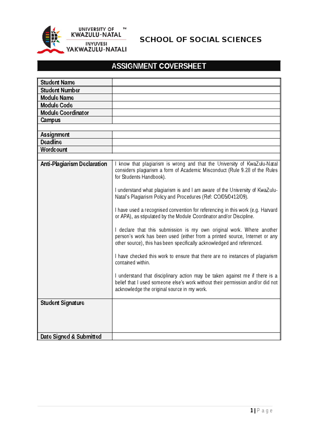 SSS 12: Assignment Coversheet & Plagiarism Declaration - Studocu