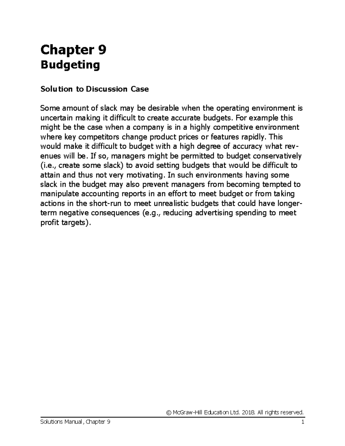 Solutions to Chapter 9 - Managerial Accounting ACC433 - Studocu