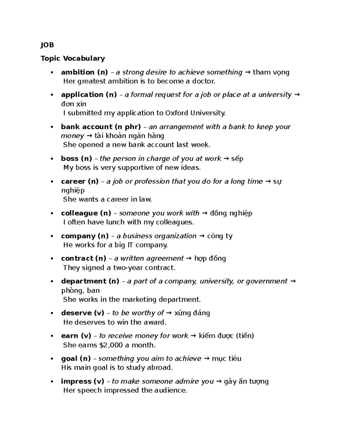 JOB Vocabulary Guide: Key Terms for Career Success - Studocu