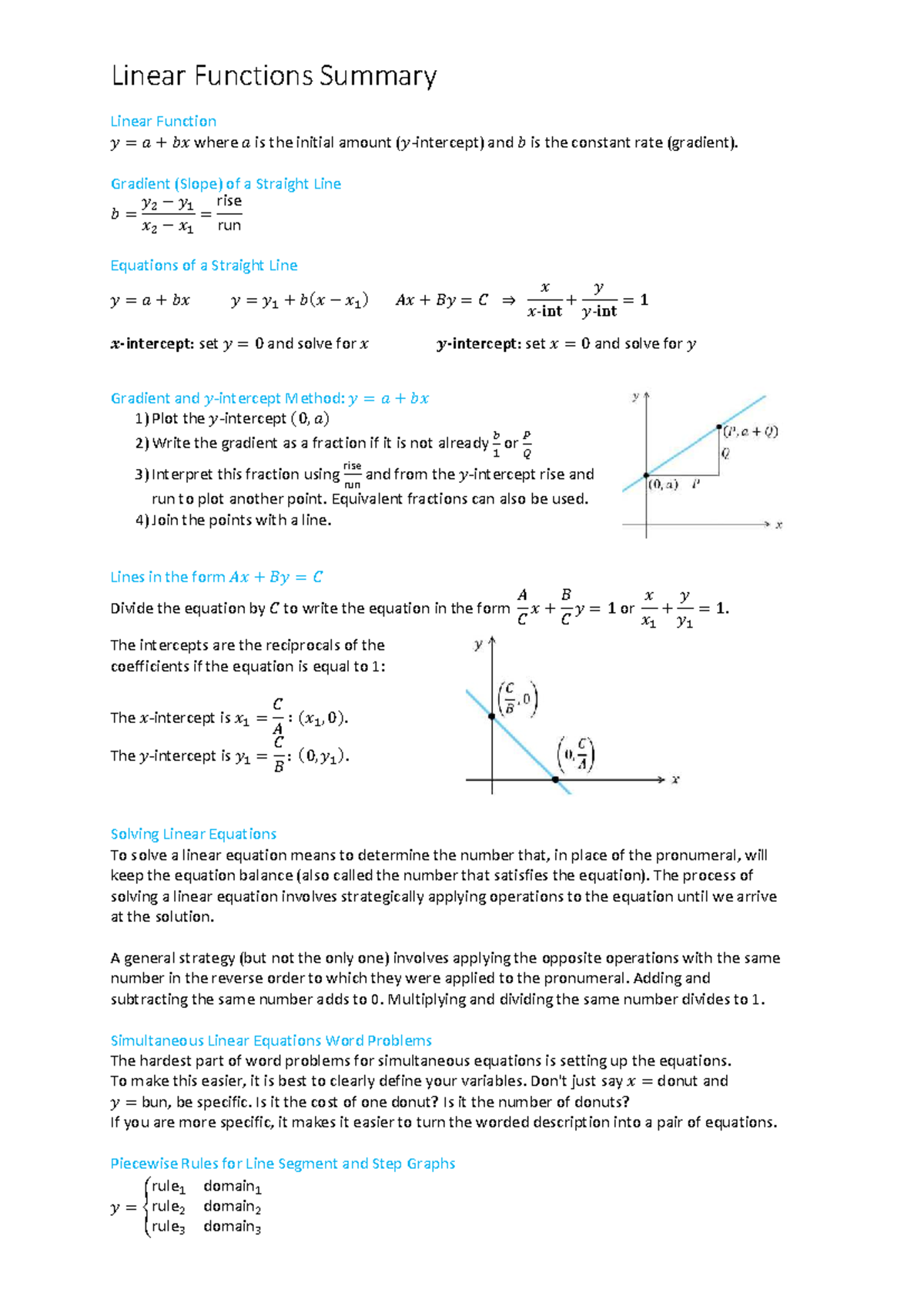 Linear Functions Summary: Key Concepts and Equations - Studocu
