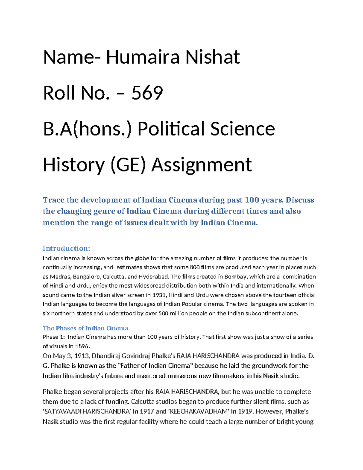 History Assignment 2 - Name- Humaira Nishat Roll No. – 569 B(hons ...