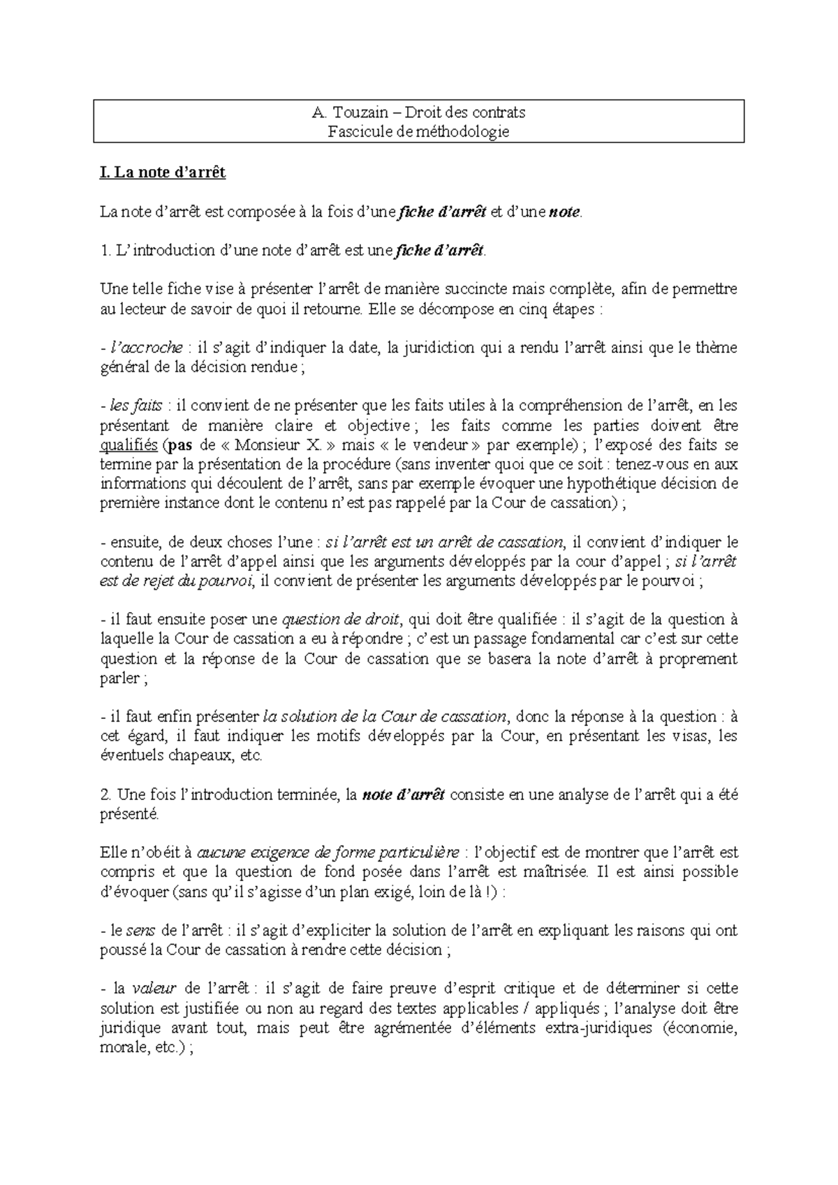 Méthodologie de la Note d'Arrêt en Droit des Contrats - Studocu