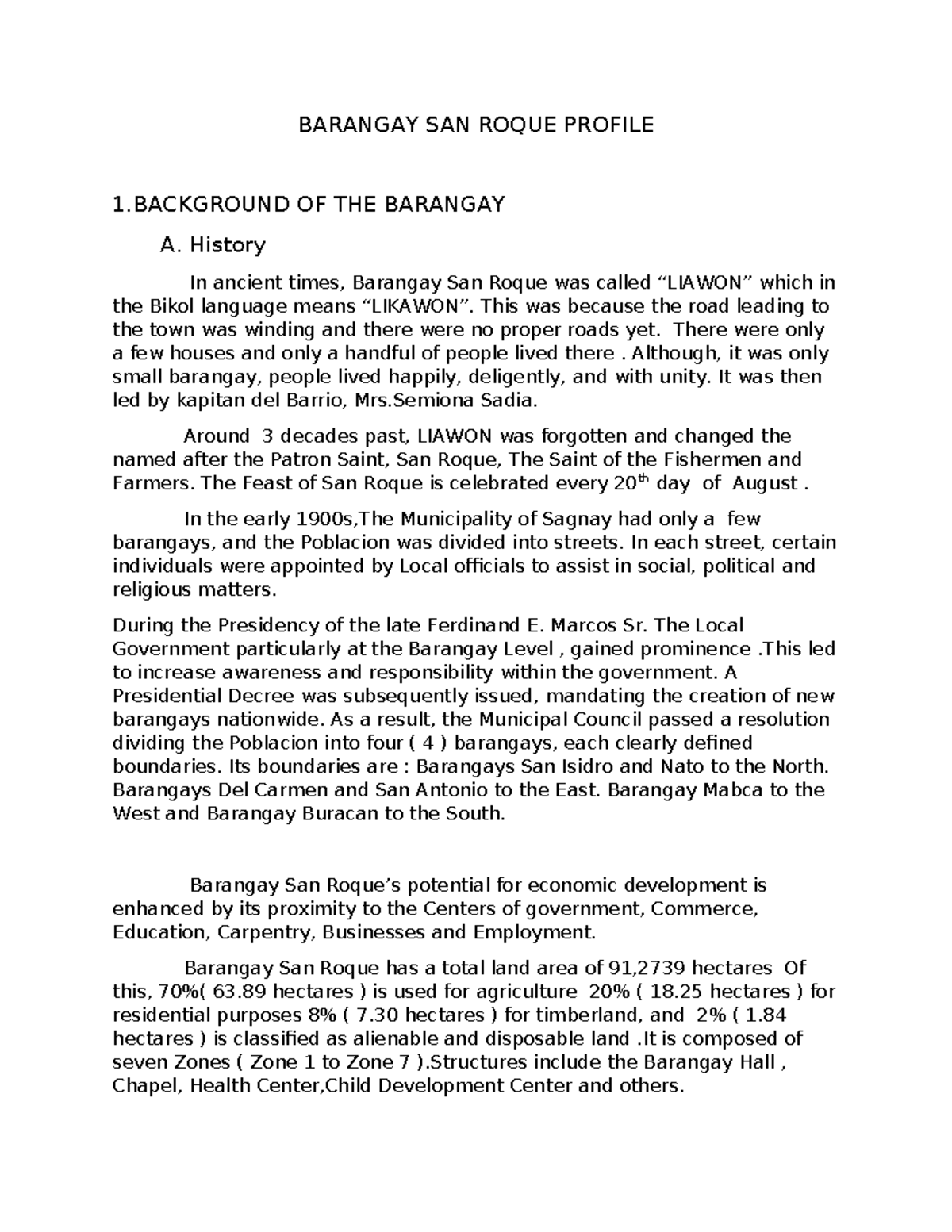Barangay San Roque Profile: History, Development, and Land Use Analysis ...