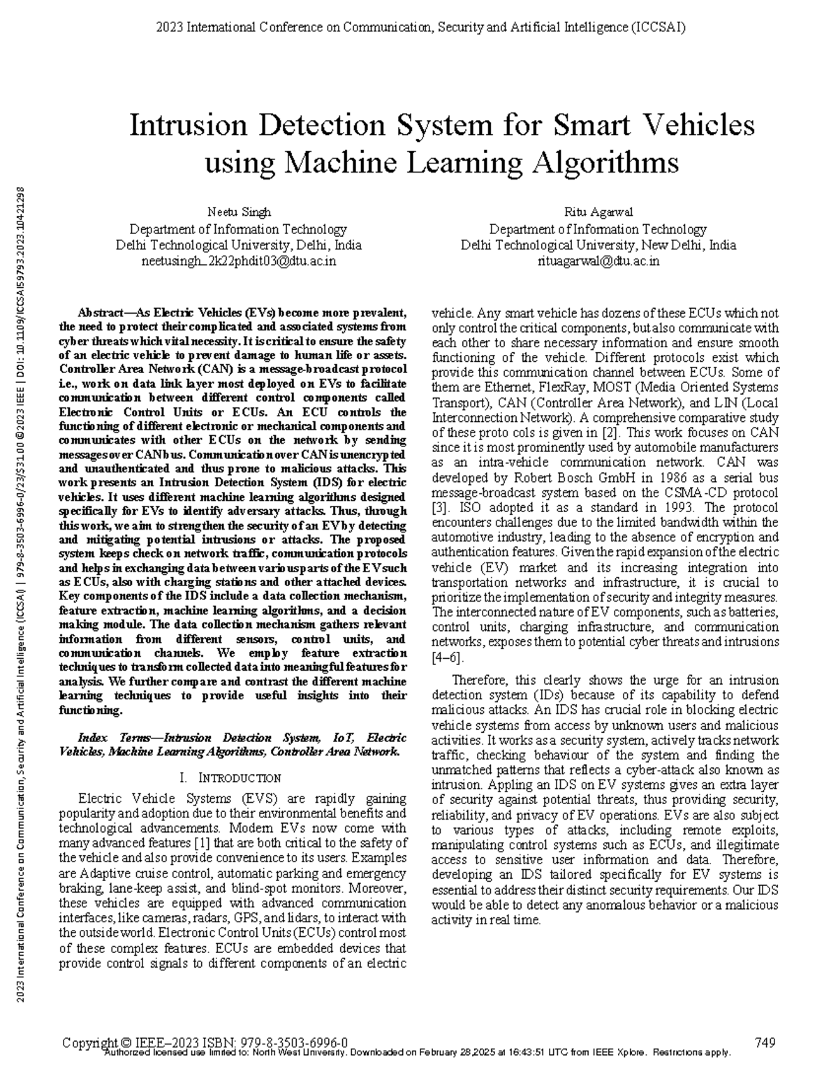 Intrusion Detection System for Smart Vehicles: ML Algorithms Analysis ...