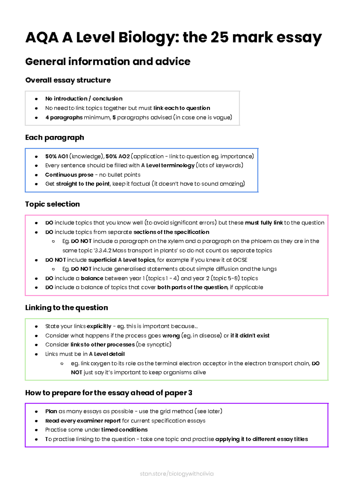 AQA A Level Biology: 25 Mark Essay Structure & Preparation Tips - Studocu