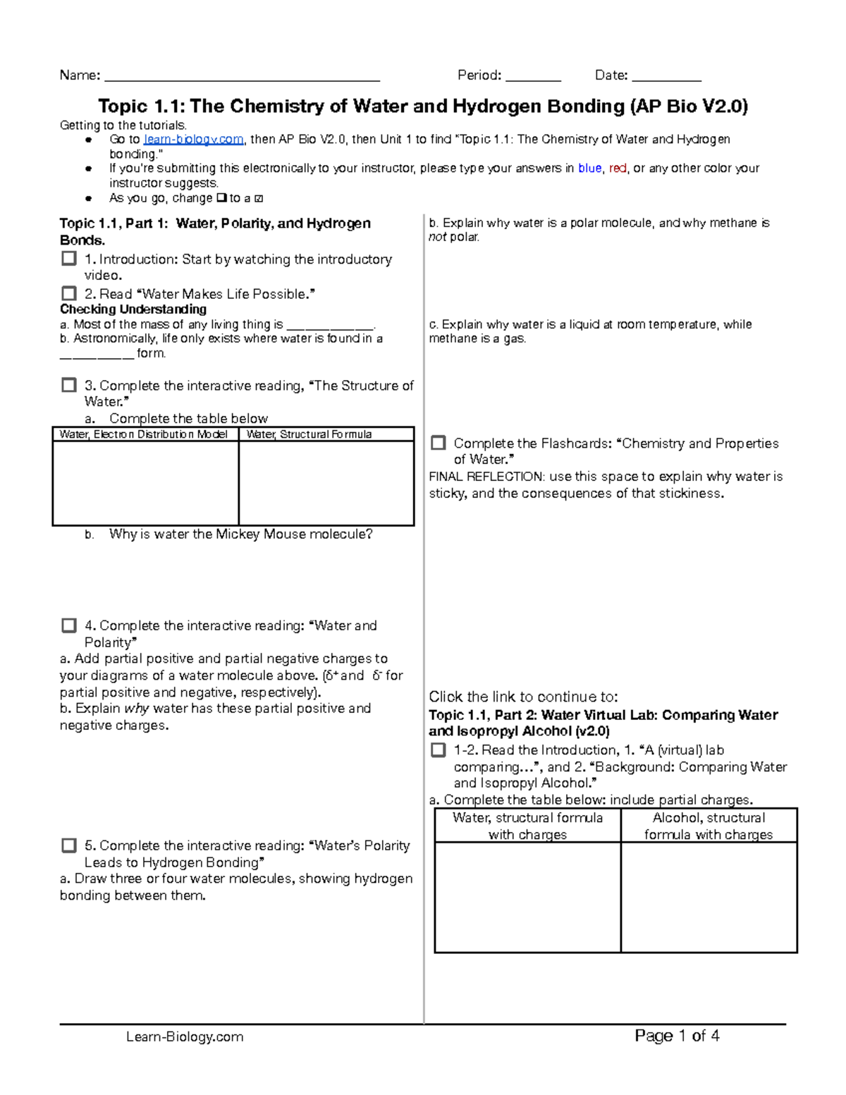 AP Bio V2 - Homework: The Chemistry of Water & Hydrogen Bonding - Studocu